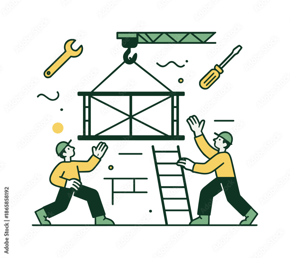 Scaffold Hoisting Scene. Scaffold platform lift. A crane hoists a ...