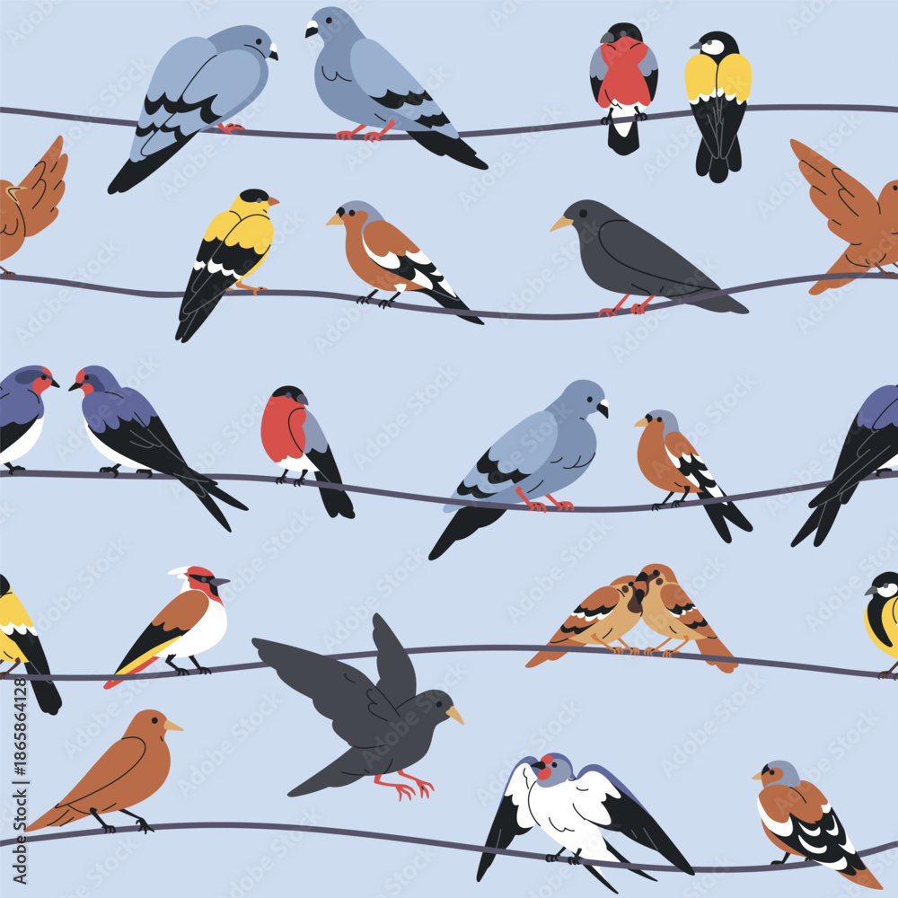 Seamless pattern with birds sitting on wires, cables, power lines ...