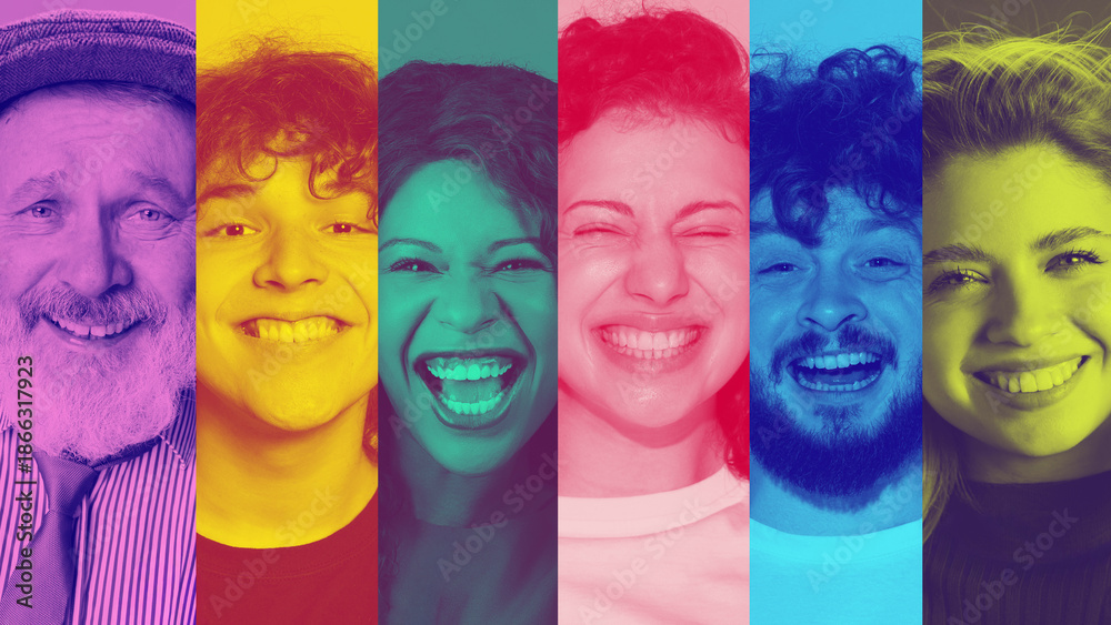 Collage of smiling diverse multicultural people faces in vibrant ...