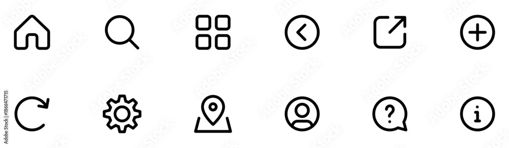 Basic user interface icon set, UI navigation line icons including home ...