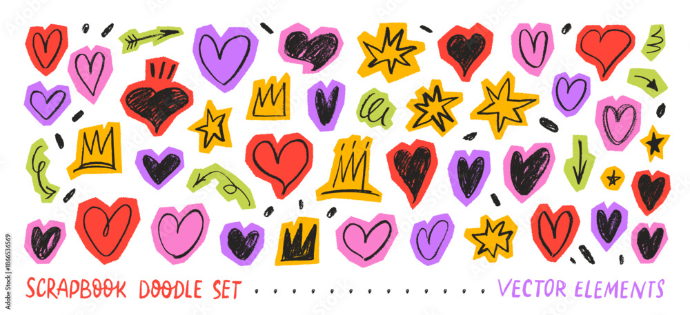 Colorful funky hearts, crown and star scrapbook stickers set. Crayon ...