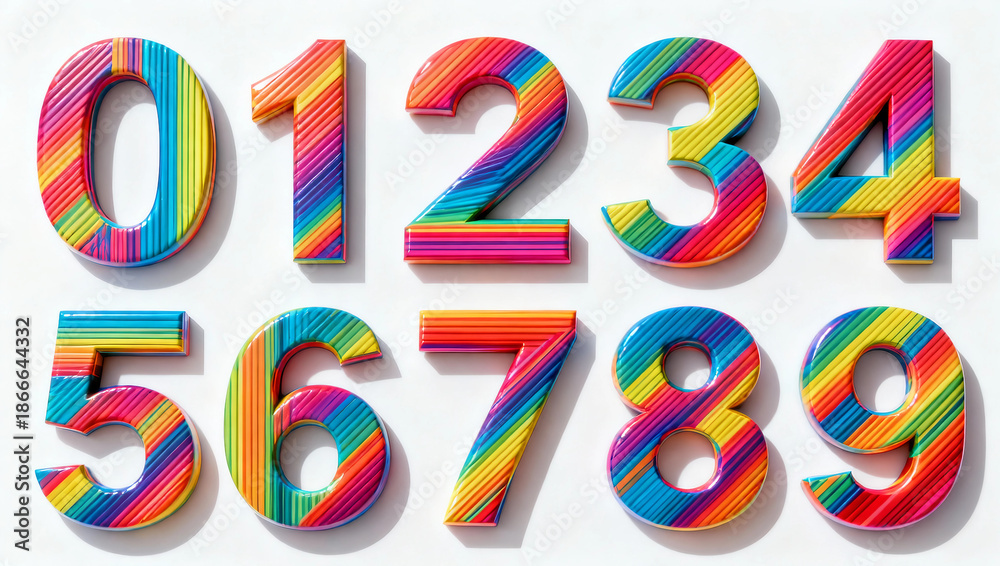 Colorful rainbow numbers from 0 to 9 made of layered clay texture ...
