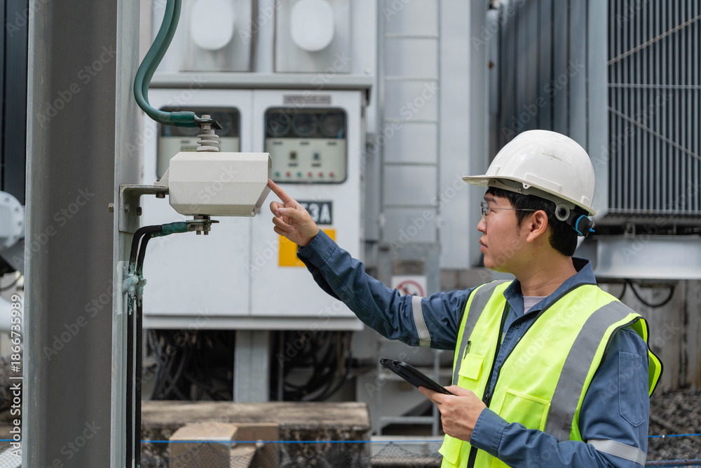 Foto de Stock Electrical engineer inspecting monitoring device at high ...