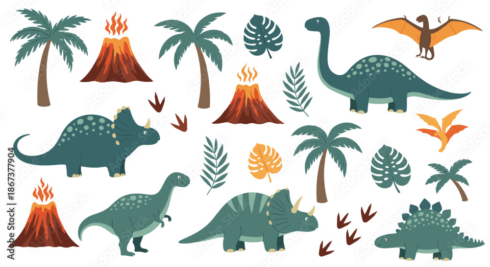 Stock-Vektorgrafik „Collection of various dinosaurs and erupting ...