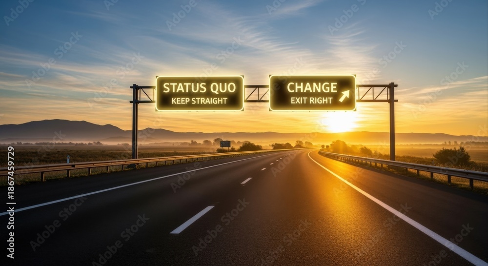 Foto de Stock Road Sign at Sunrise Dividing Choices Between Maintaining ...