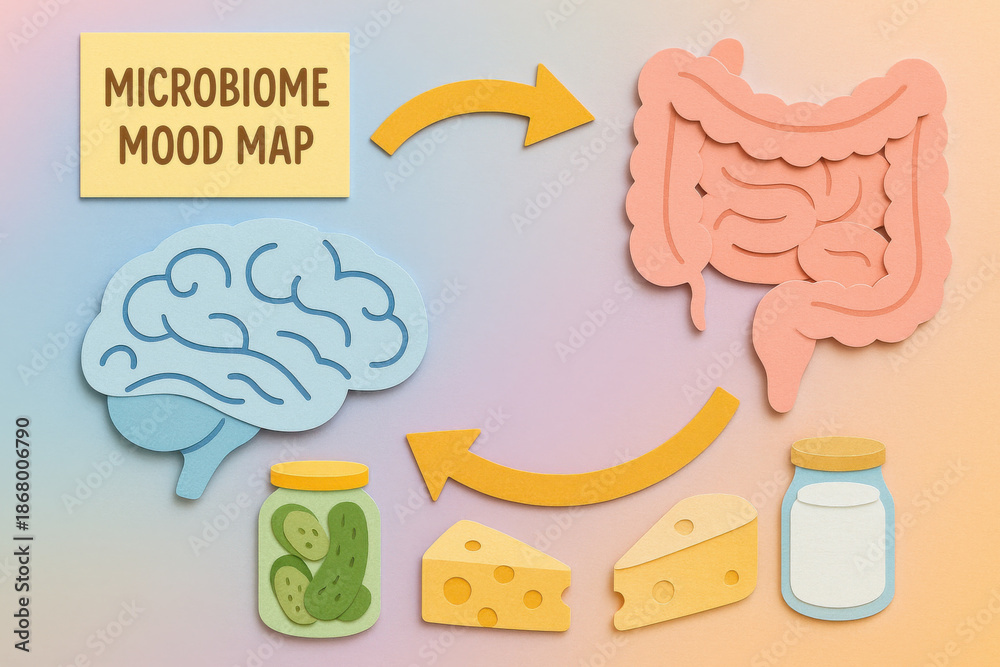 Illustration Stock Paper cut illustration of gut brain axis, microbiome ...