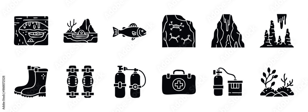 Variety of caving and underground exploration glyph icons including ...