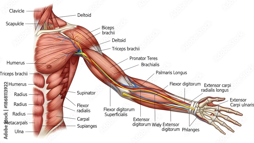 Labeled Diagram of the Human Arm Showing Major Muscles, Bones, and ...