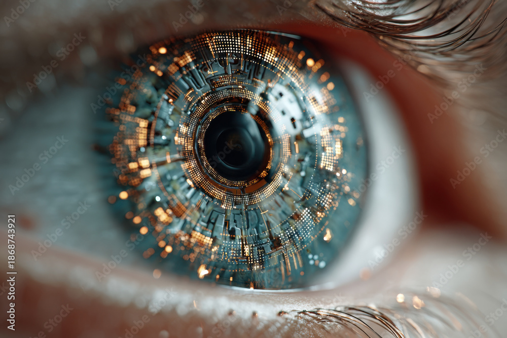 Human eye with overlay of printed circuit board. Concepts of microchip ...
