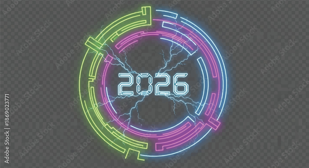 Futuristic Neon Circular Interface with Multicolor Glow and 2026 Theme ...