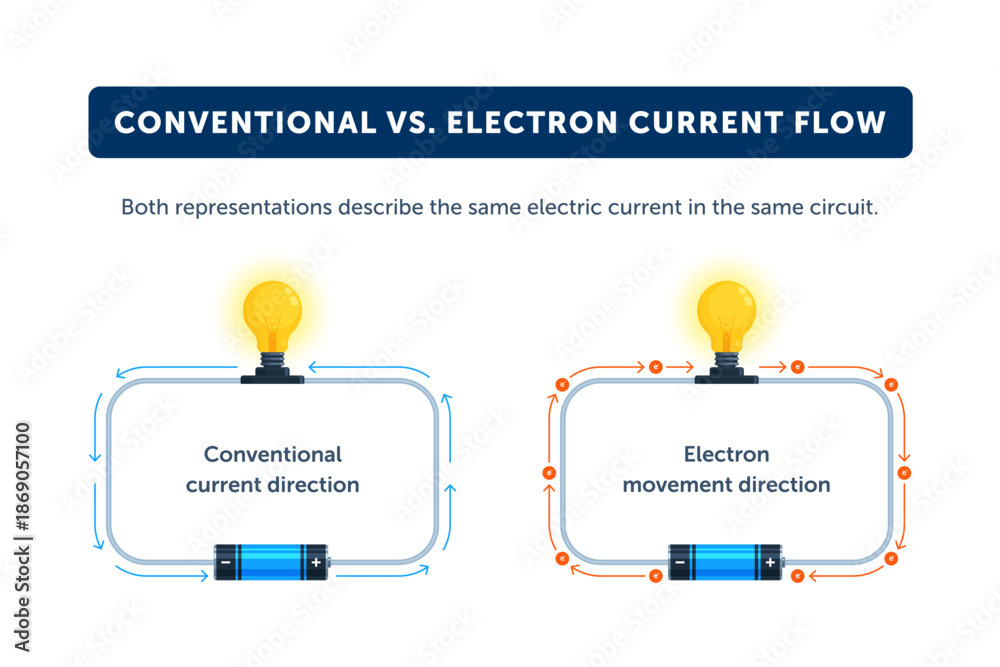 Conventional vs electron current flow diagram. Electric circuit with ...