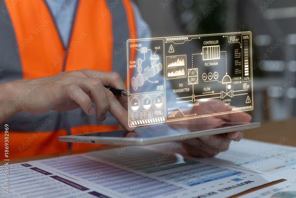 Engineer using tablet to monitor industrial control system with digital ...
