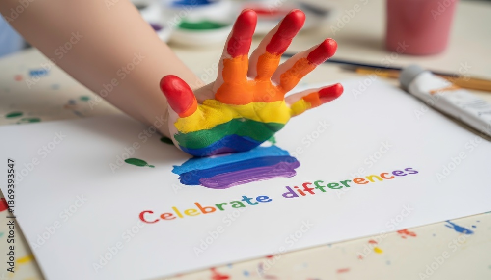 Child's handprint in rainbow colors on paper with Celebrate differences ...