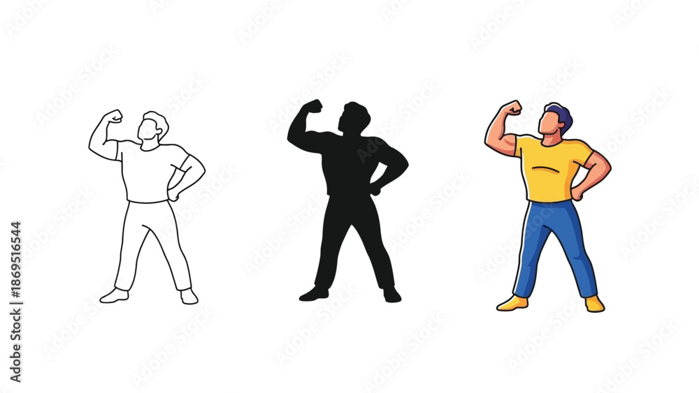 Collection of three distinct illustrations depicting a strong man ...