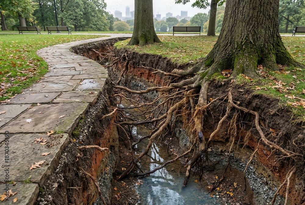Exposed Cross-Section Trench Revealing Fibrous Oak Tree Roots Through ...