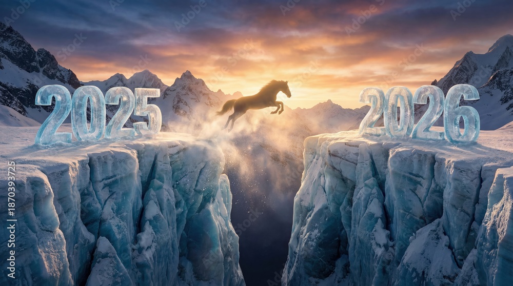 Foto de Stock Silhouette of Horse Jumping over Ice Cliff from 2025 to ...