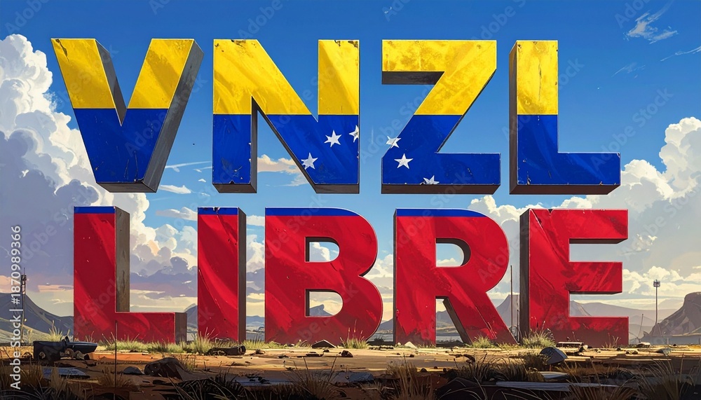 Texto “VNZL LIBRE” en estilo hiperrealista, con letras 3D formadas por ...