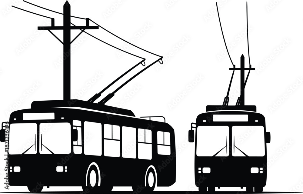 Silhouette of two trolleybuses with overhead power lines and poles ...