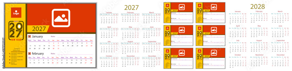Image vectorielle Stock 2027 and 2028 Year English Vector Calendar ...