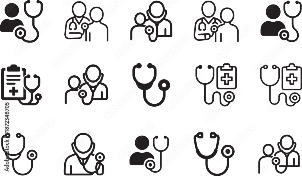 Health checkup and stethoscope outline icon set for medical, healthcare ...