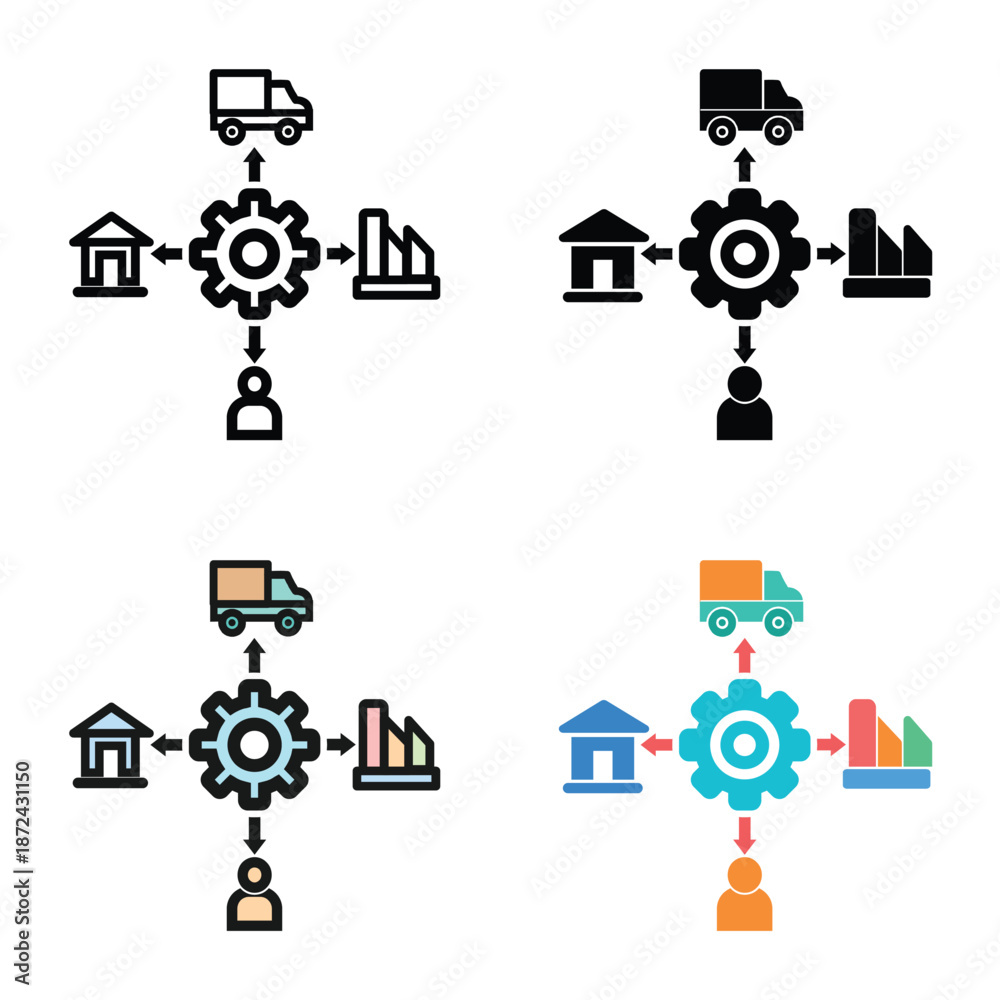 Vector illustration set of logistics process icons showing warehouse ...