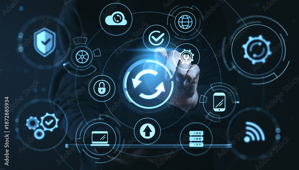 Digital transformation concept with hand interacting with sync icon ...