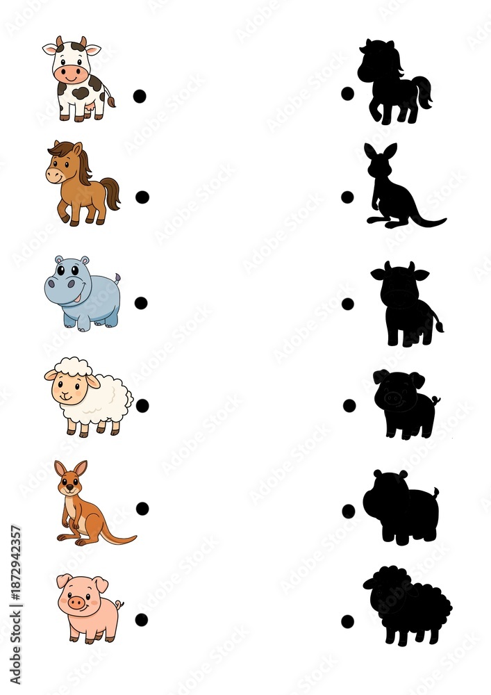 Farm animals matching worksheet for kids shadow matching game printable ...