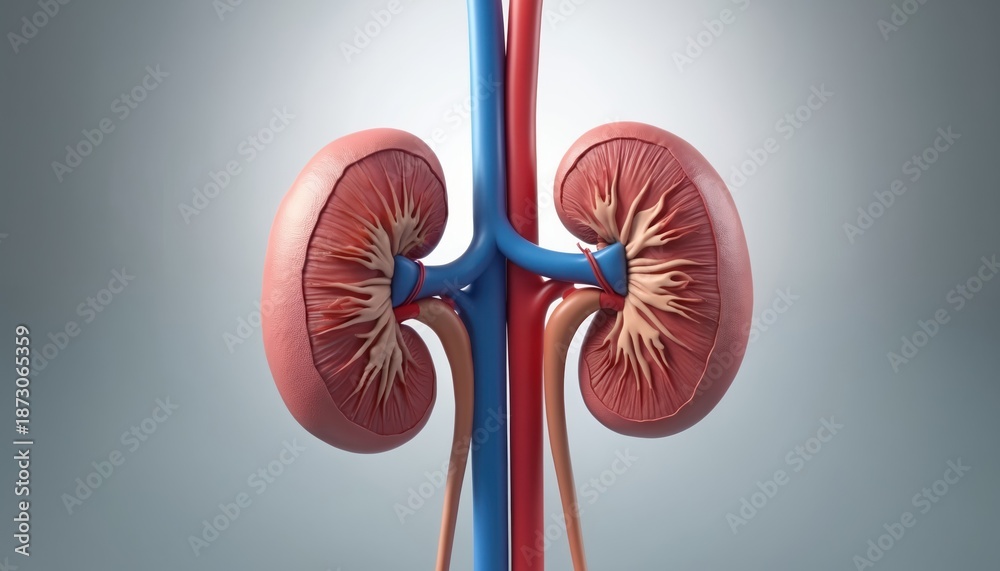 Human kidneys illustration showing internal structure and blood vessels ...