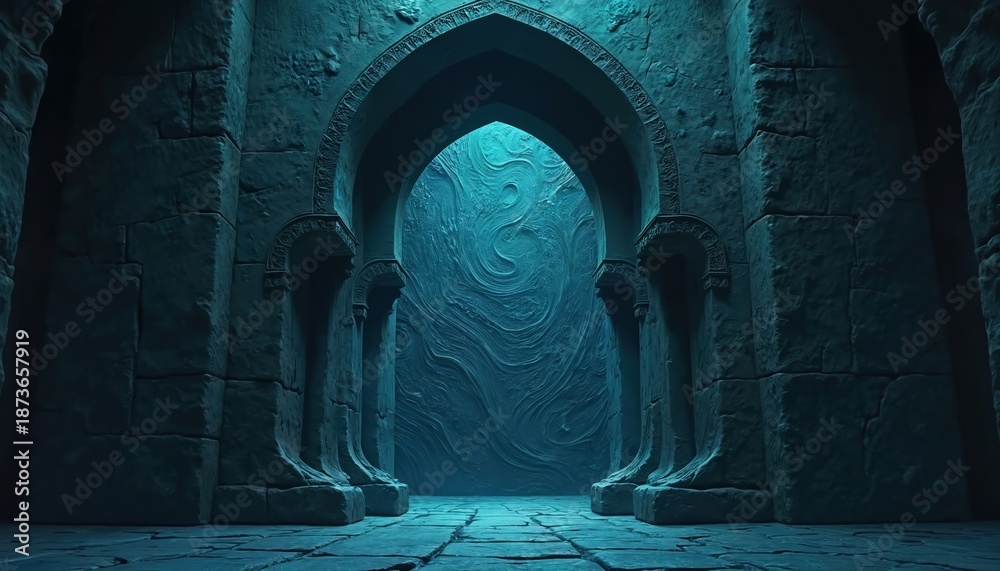 Ancient stone passage with detailed carvings leads to a mysterious ...