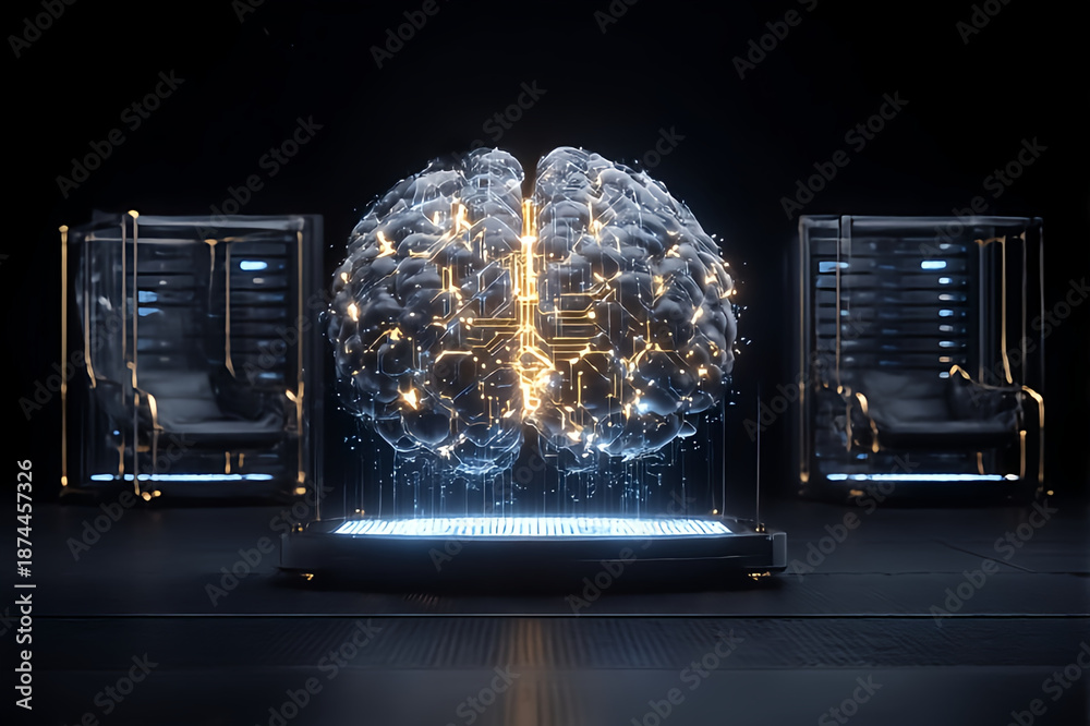 Human brain symbolizing artificial intelligence. Rack servers in data ...