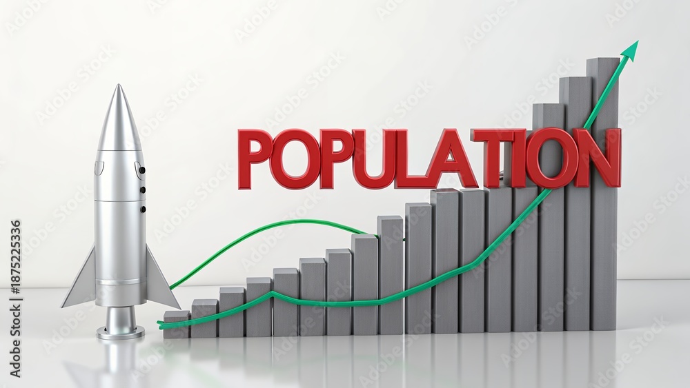 Photo Stock "POPULATION" text over a rising bar chart with a green ...