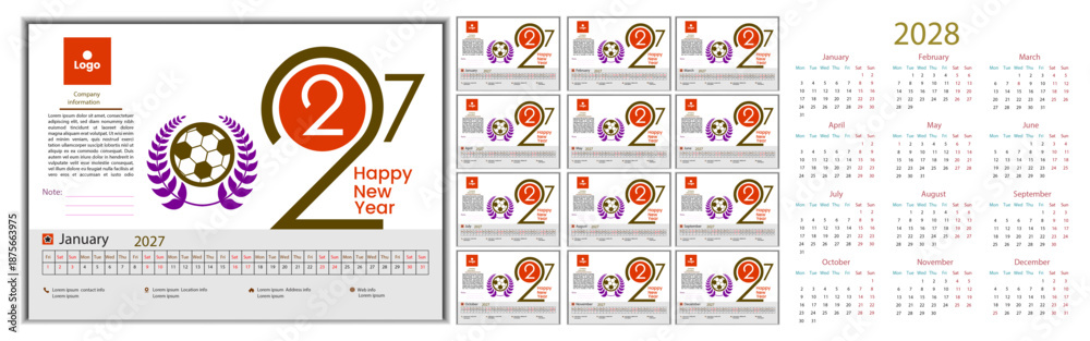 Image vectorielle Stock 2027 year English vector calendar template ...