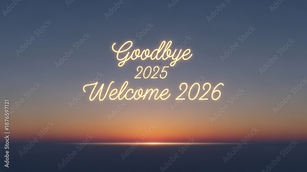 Glowing text Goodbye 2025 Welcome 2026 over a sunset sky with ocean ...