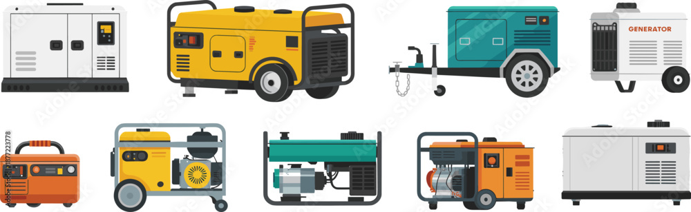 Portable industrial electric generators vector illustration set ...