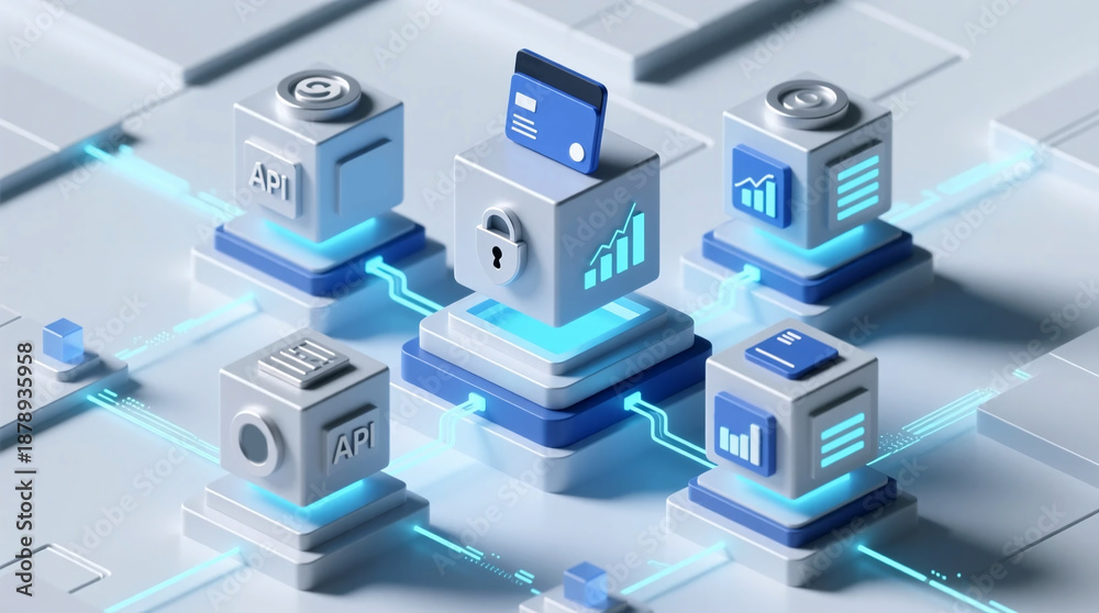 Conceptual 3D isometric render of robust fintech API ecosystem ...