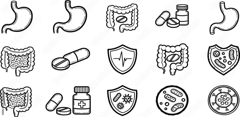 Medical icons depicting the digestive system, including stomach and ...