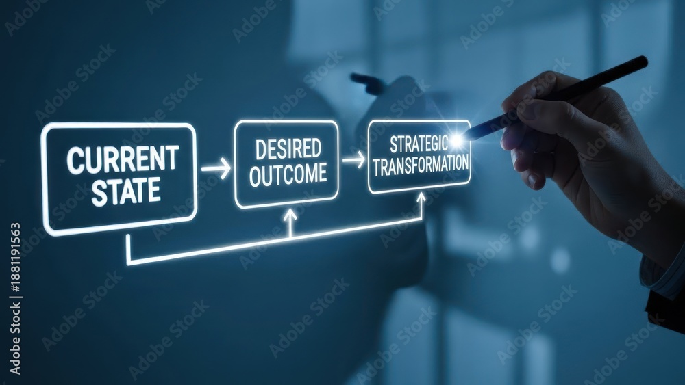 Hand using stylus to select strategic transformation on glowing ...