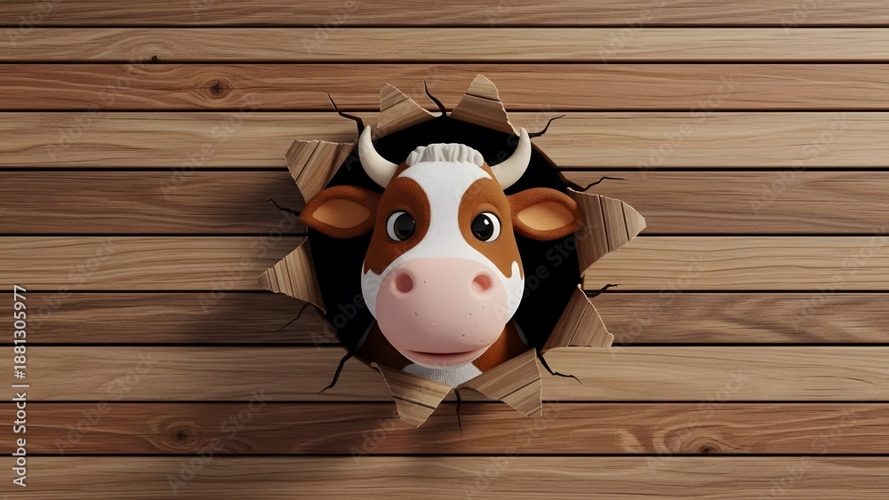 Photo Stock A cartoon cow's head poking through a wooden wall | Adobe Stock