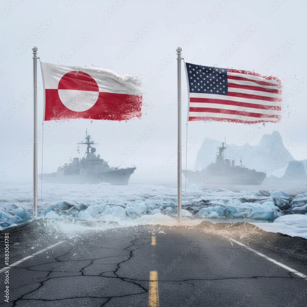 warships in arctic waters among ice floes with an asphalt road and ...