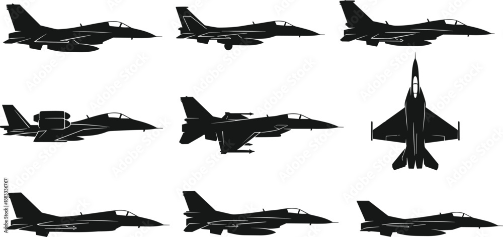 F16 fighter jet silhouette set showing multiple angles, military ...