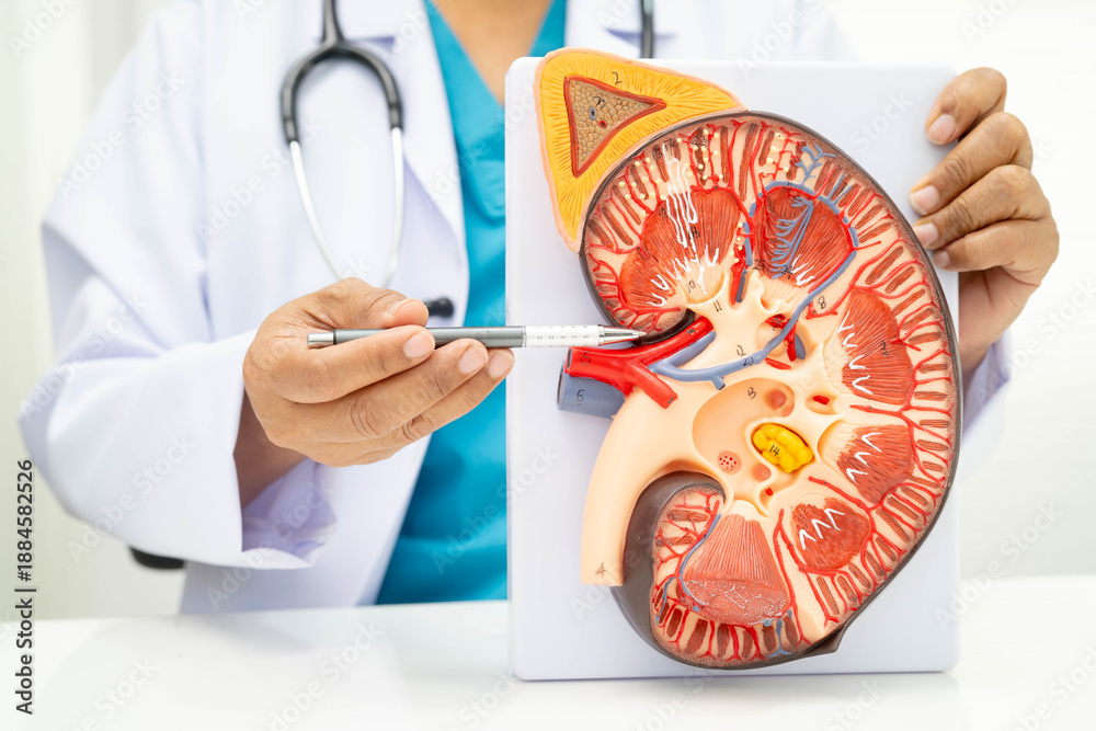 Chronic kidney disease, doctor with model for treatment urinary system ...