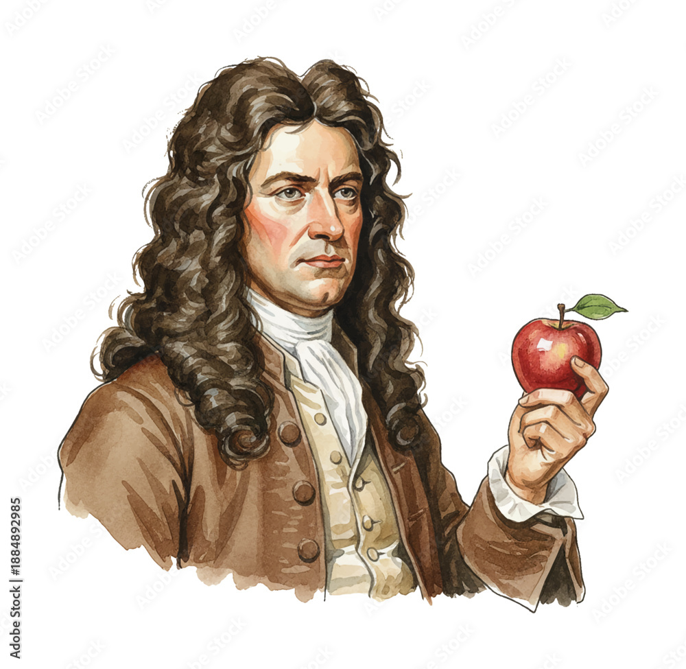 Sir Isaac Newton a contemplative European man with long curly hair ...