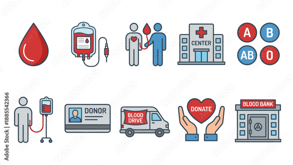 Blood donation icon set. Medical healthcare symbols. Transfusion. Red ...