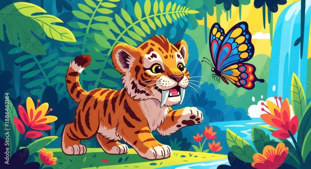 Cute baby saber tooth tiger cub playing with a butterfly in a lively ...