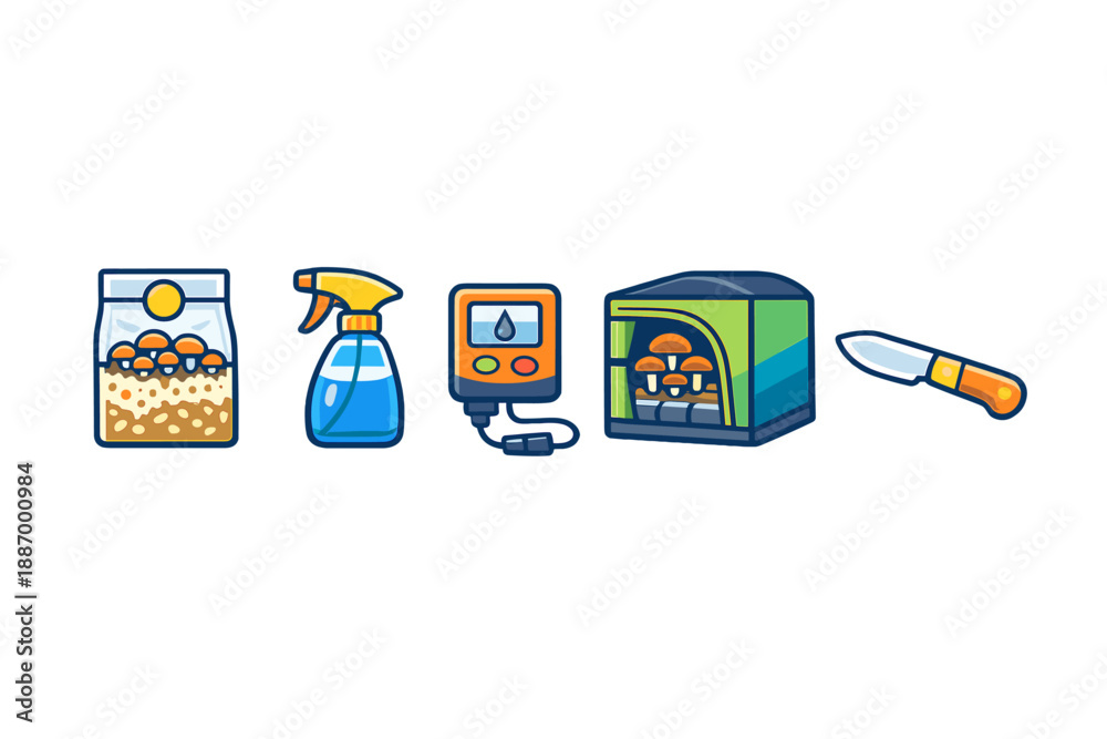 Different tools and items used for growing mushrooms indoors in a ...