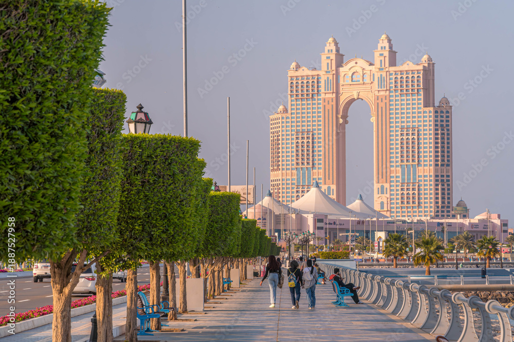 Rixos Marina Abu Dhabi hotel iconic arch viewed from Corniche promenade ...