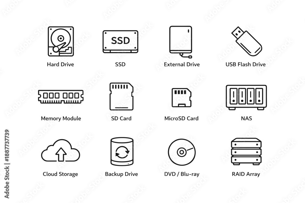 Digital storage devices: icons of hard drives, ssds, and more Stock ...