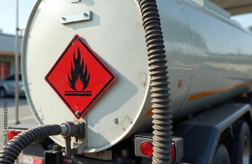 Fuel tanker truck shows flammable liquid warning sign. Transport of gas ...