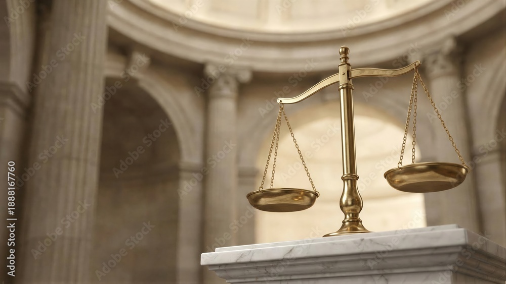 Gold scale of justice on marble base, symbolizing fairness and legal ...