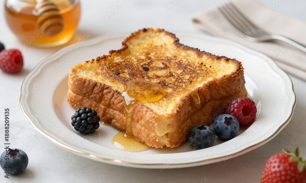 crispy slice french toast sits atop delicate china plate surrounded ...